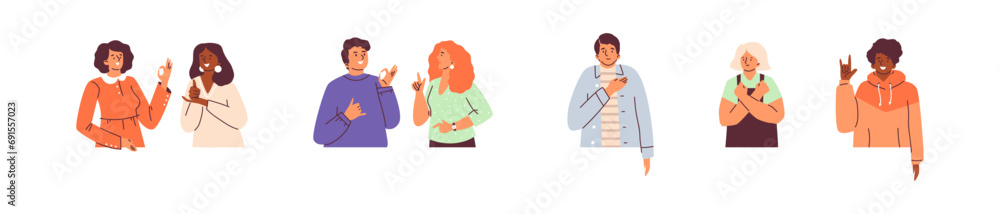 Hearing disability concept, deaf man and woman talk on deaf-mute sign ...