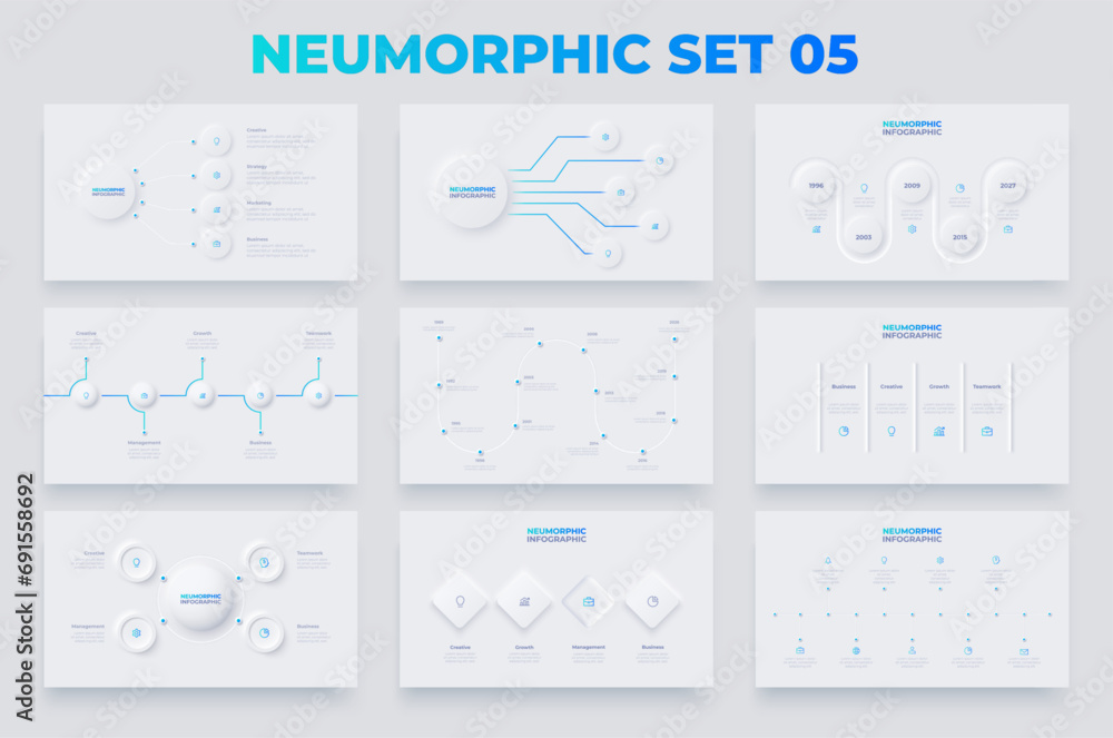 Neumorphism infographics elements set. Timelines, flow charts and cycle ...