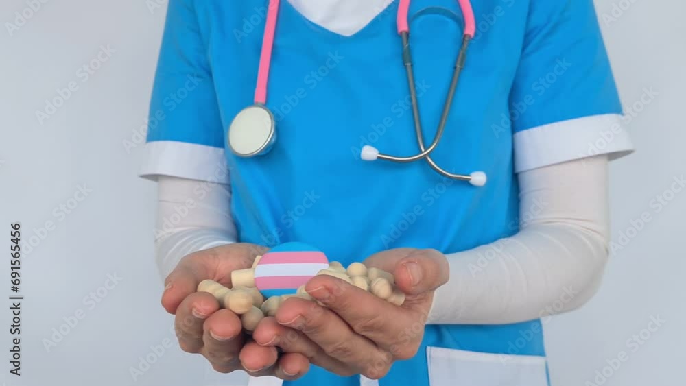 Female doctor shows LGBT pride flag in hand and hospital people figures ...