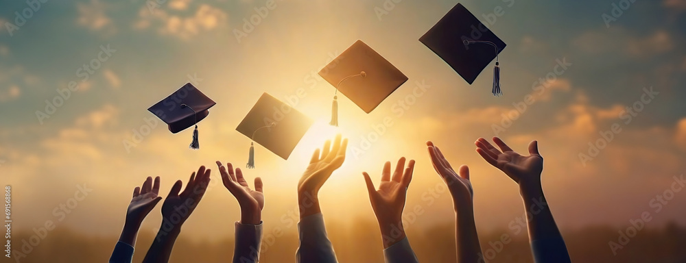 Multiple hands joyfully tossing graduation caps into the air against a ...