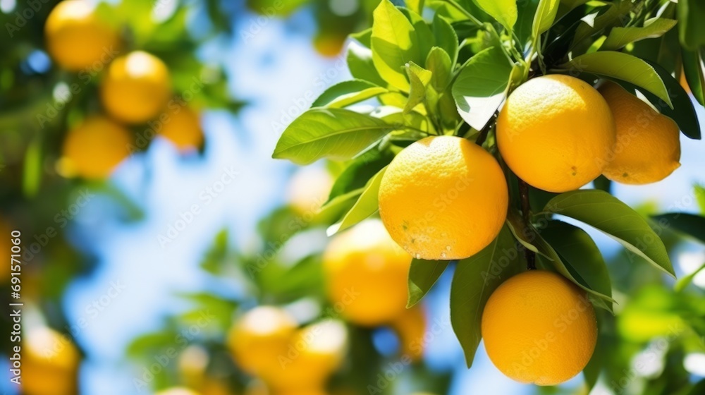 Clean background image with citrus fruits on tree branches in an ...