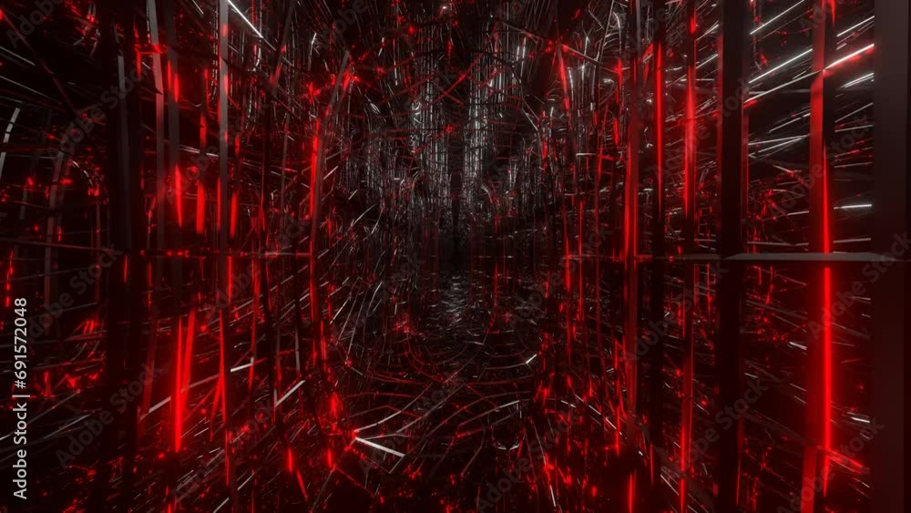 camera flying forward through an abstract tunnel made of a metal frame ...