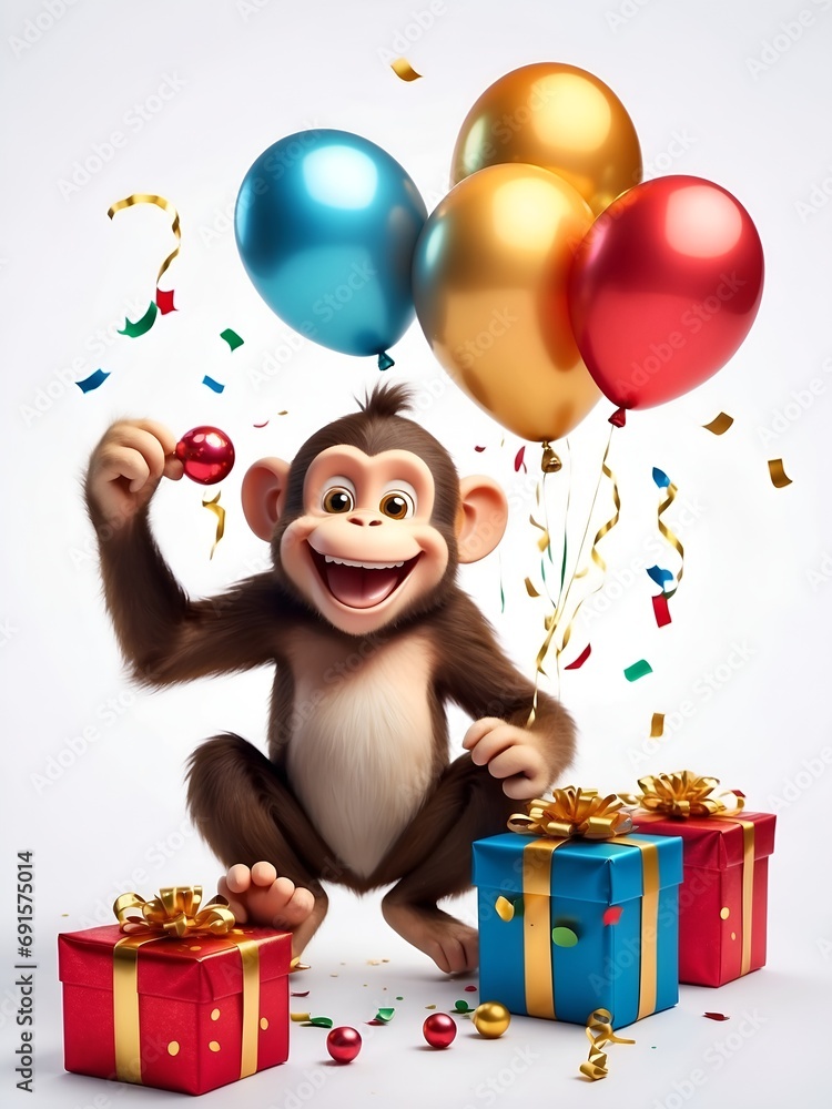 Smiling baby monkey at the party with balloons, presents, and confetti ...