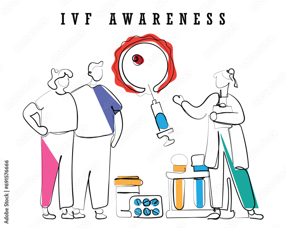 line art vector of Happy young married couple discussing IVF with a ...