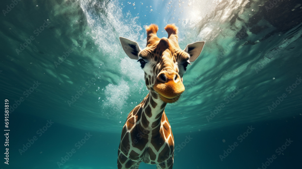Giraffe jump into a water. Underwater photography. Animal dive into the ...