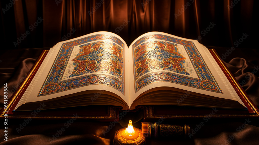 Illuminated Quran pages with intricate Arabic calligraphy. Stock Photo ...
