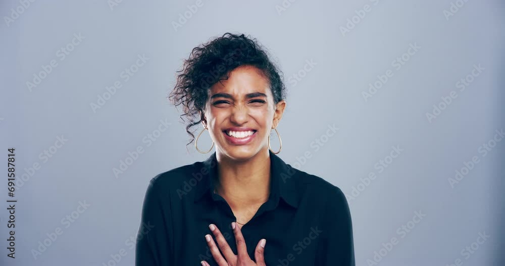 Woman, laughing and joke with humour, funny and happy for comic, meme ...