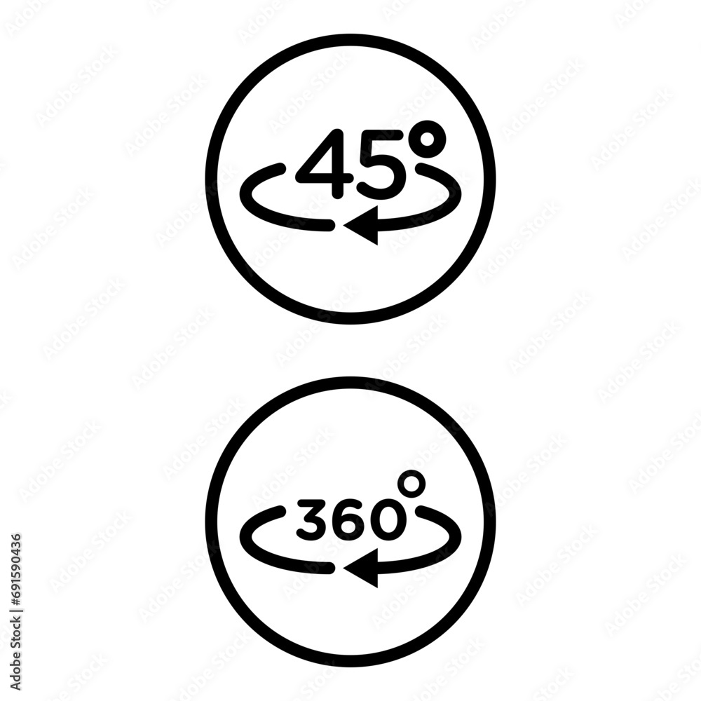 Angle 45 to 360 degrees icon. mathematical measurement of round 45 or 360 degree of rotation ...
