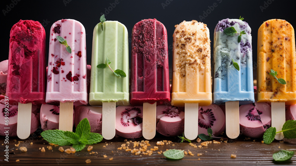 assorted creamy popsicles lined up, focusing on the vibrant colors and ...
