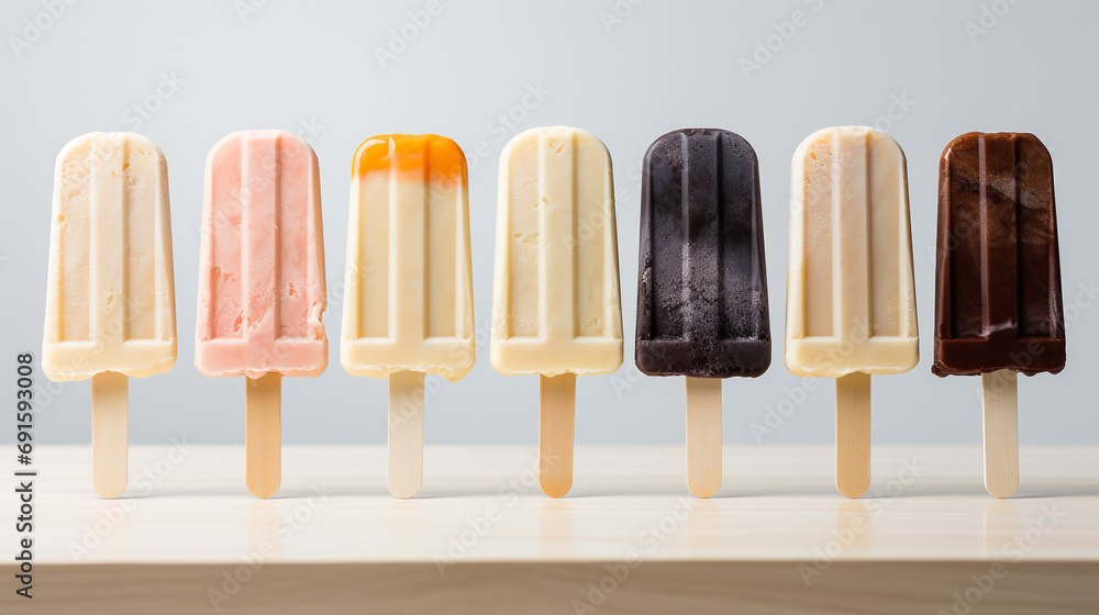 assorted creamy popsicles lined up, focusing on the vibrant colors and ...