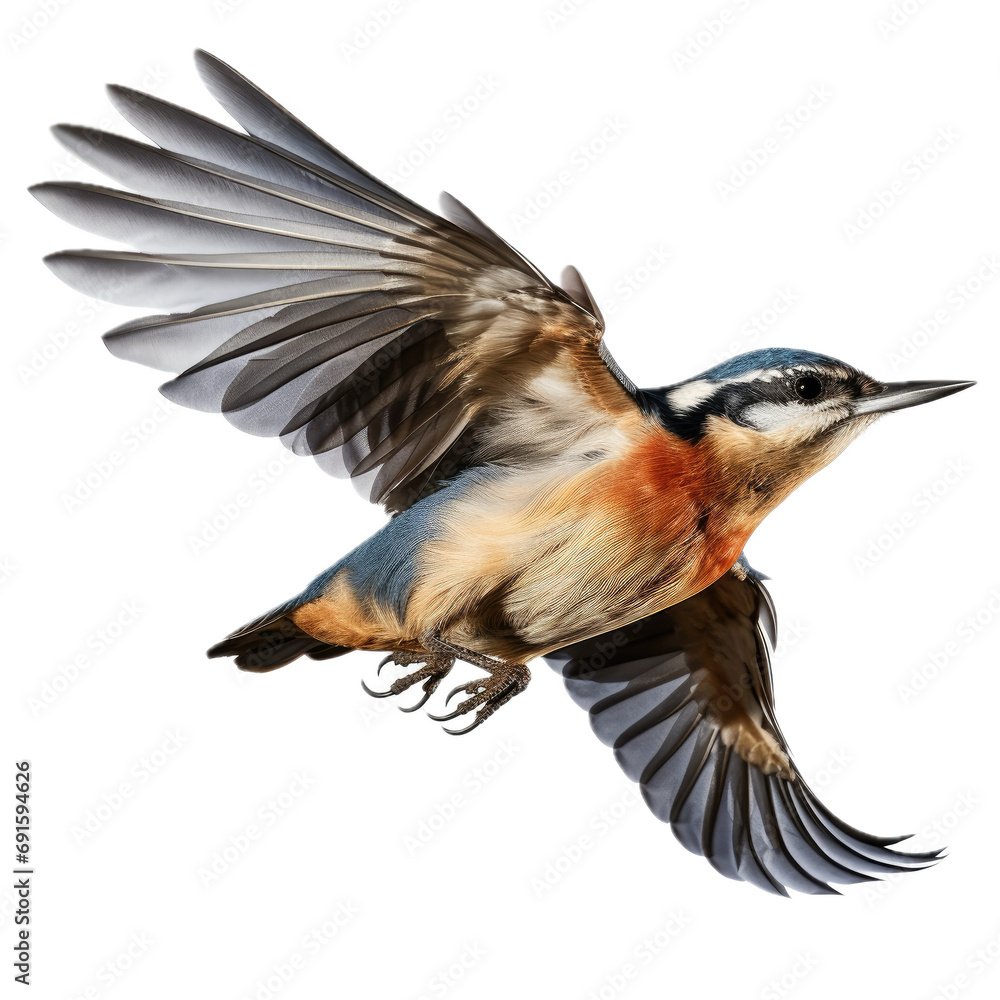 a Red-breasted Nuthatch flying in motion, in a side view, isolated and ...