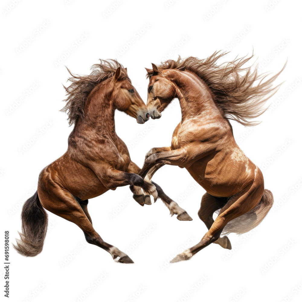 two horses frolicking, rearing, full body in a 3/4 side view PNG, in a ...