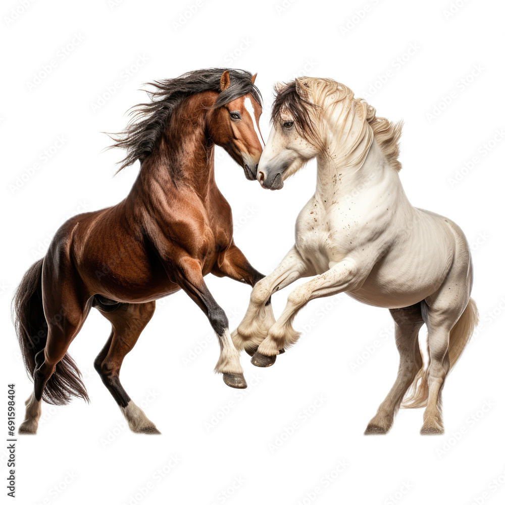 two horses/wild mustangs, sparing, in a 3/4/side view, PNG, isolated ...
