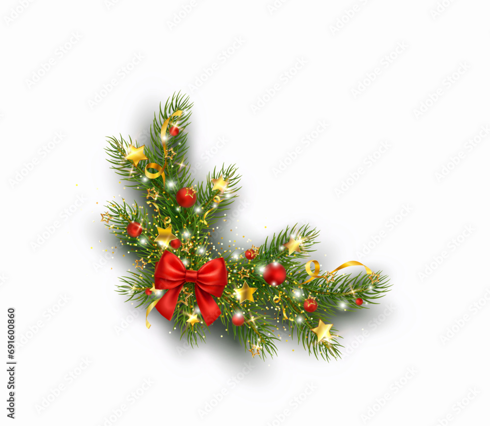 Christmas tree corner border with green fir branches, red bow, berries ...