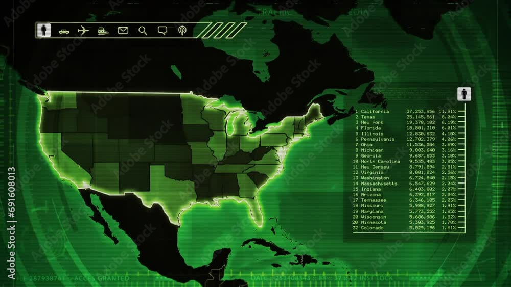 World Map with Interface. Zoom in to United States Map with Statistics ...