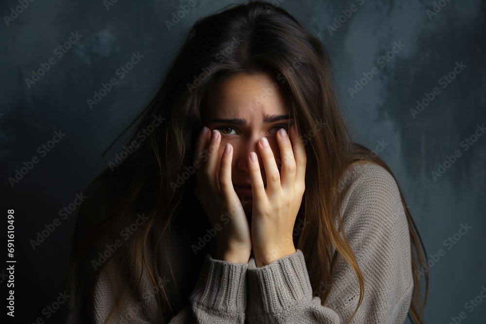 Emotional Turmoil Young Woman with Long Hair Covering Her Face in ...