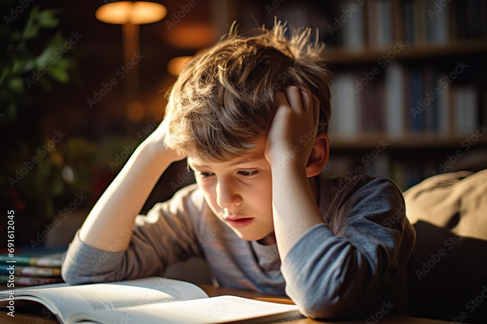 Concentrated Child Overcomes Homework Struggles at Home, Facing Reading ...