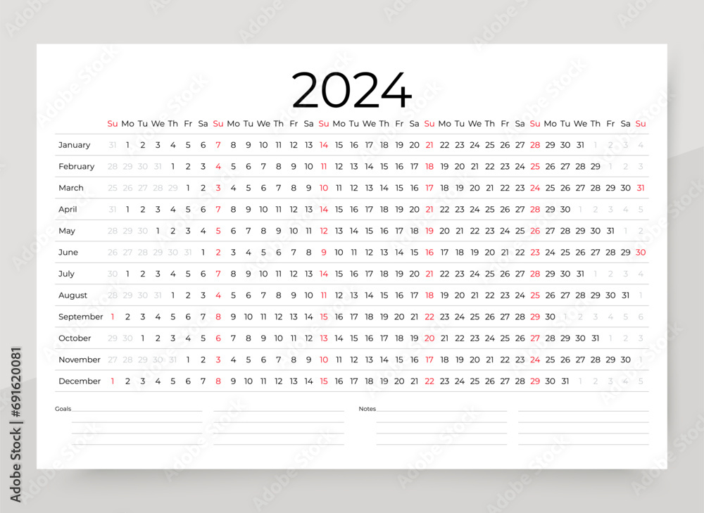 2024 calendar. Linear horizontal planner for year. Yearly calender ...