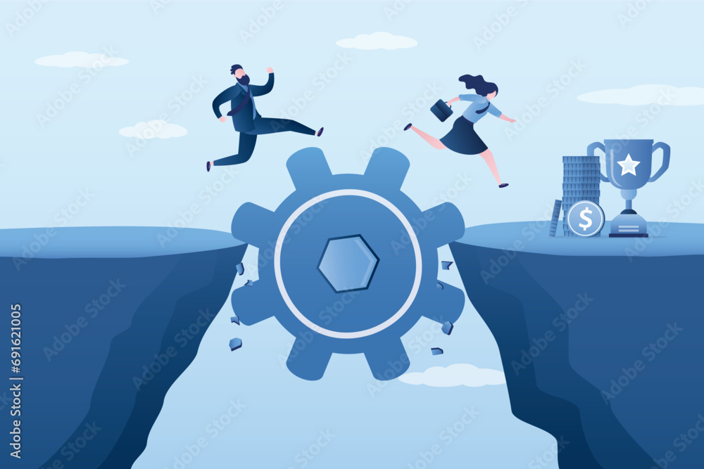 Business people running over abyss using giant gear. Complete task, overcoming obstacles ...