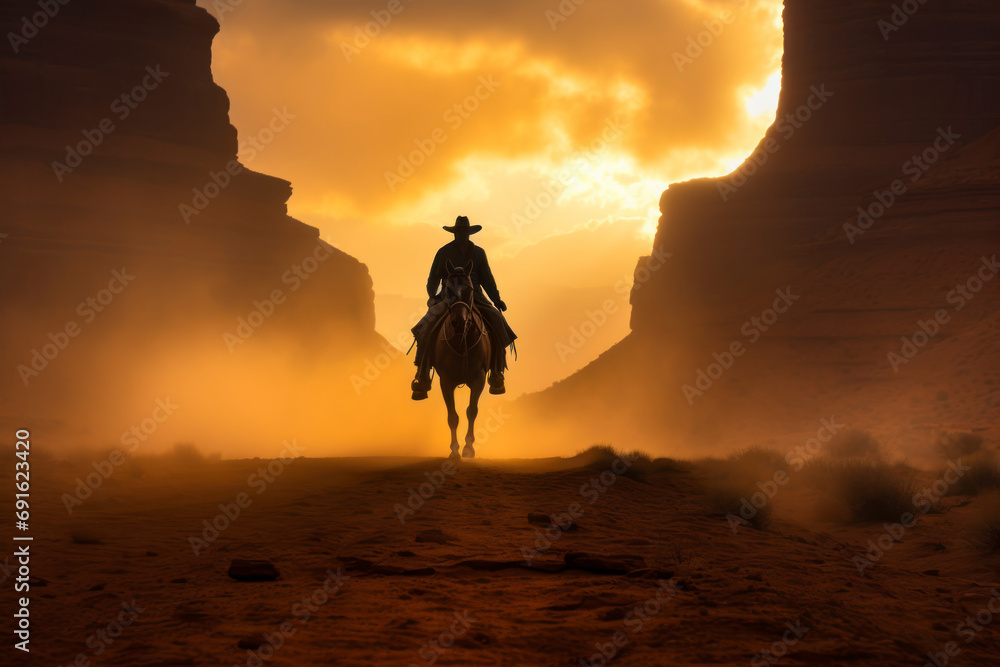 Lone outlaw on horseback, dusty desert trail, wide-brimmed hat casting ...