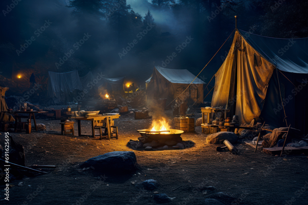 Outlaw's camp, flickering campfire surrounded by rugged tents, weathered wanted posters pinned ...