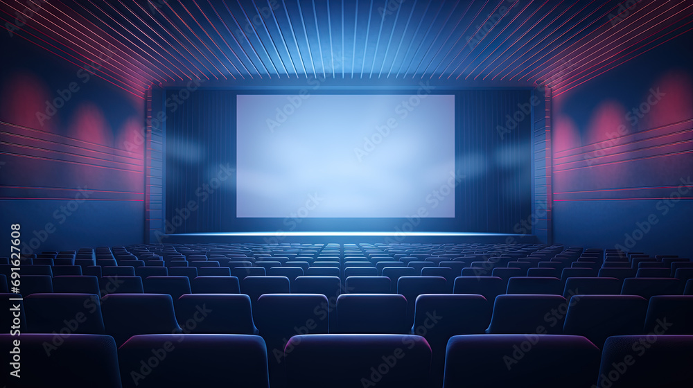 Cinema interior with seats and white screen. Movie theater room with ...
