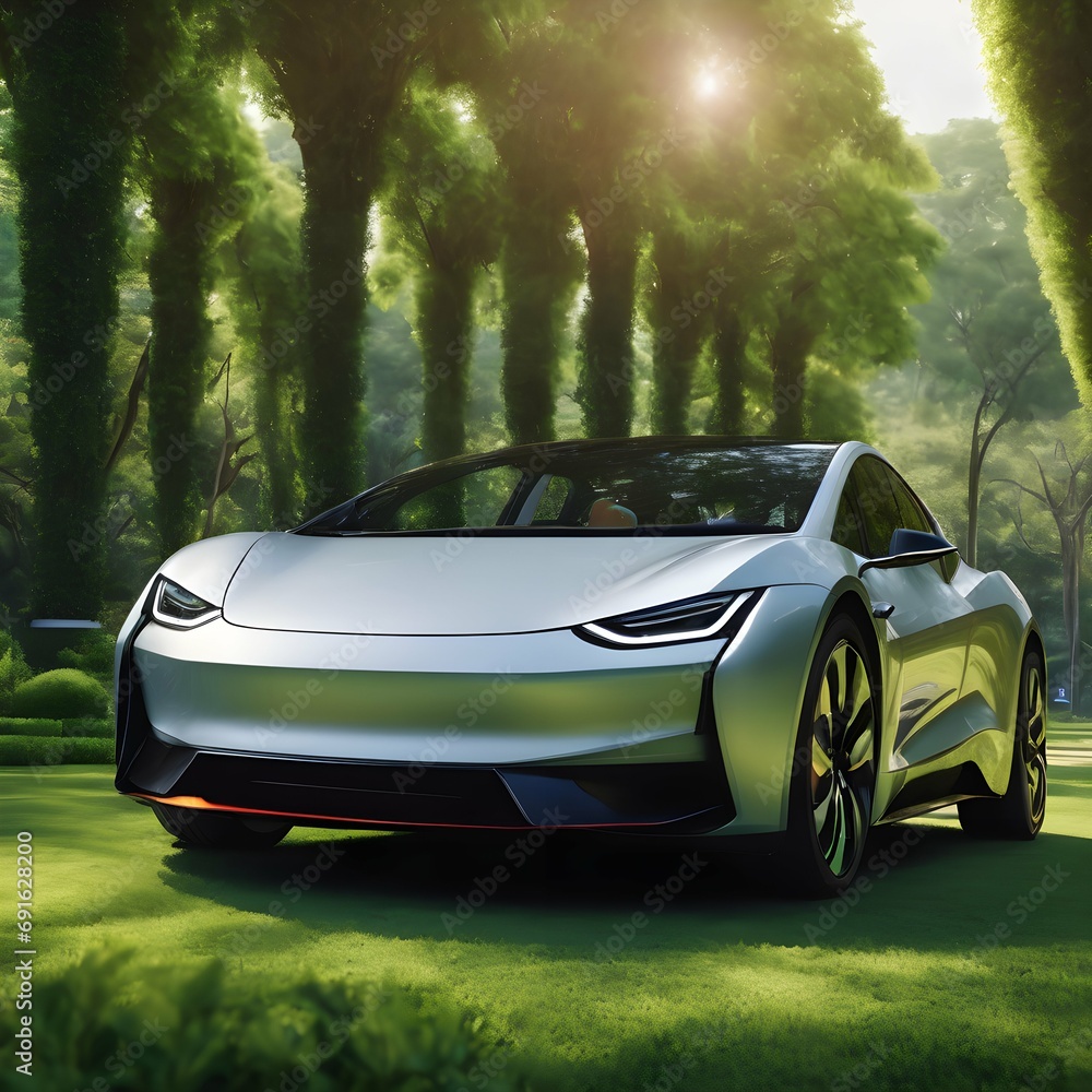 Park or Botanical Garden An electric vehicle parked amidst lush ...