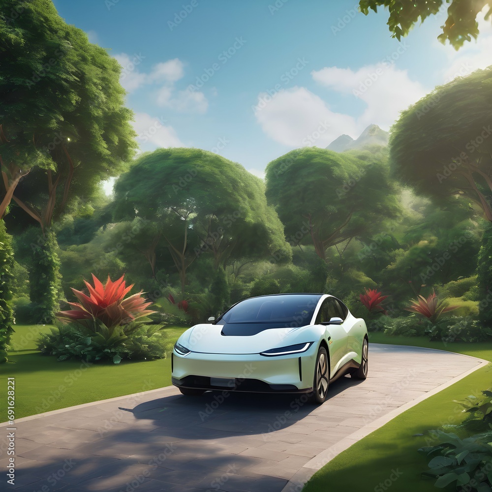 Park or Botanical Garden An electric vehicle parked amidst lush ...
