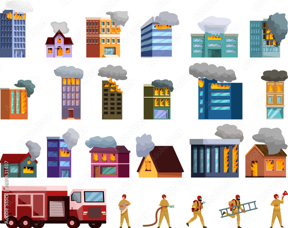 Burning building icons set cartoon vector. Fire house. Stair hose flame ...