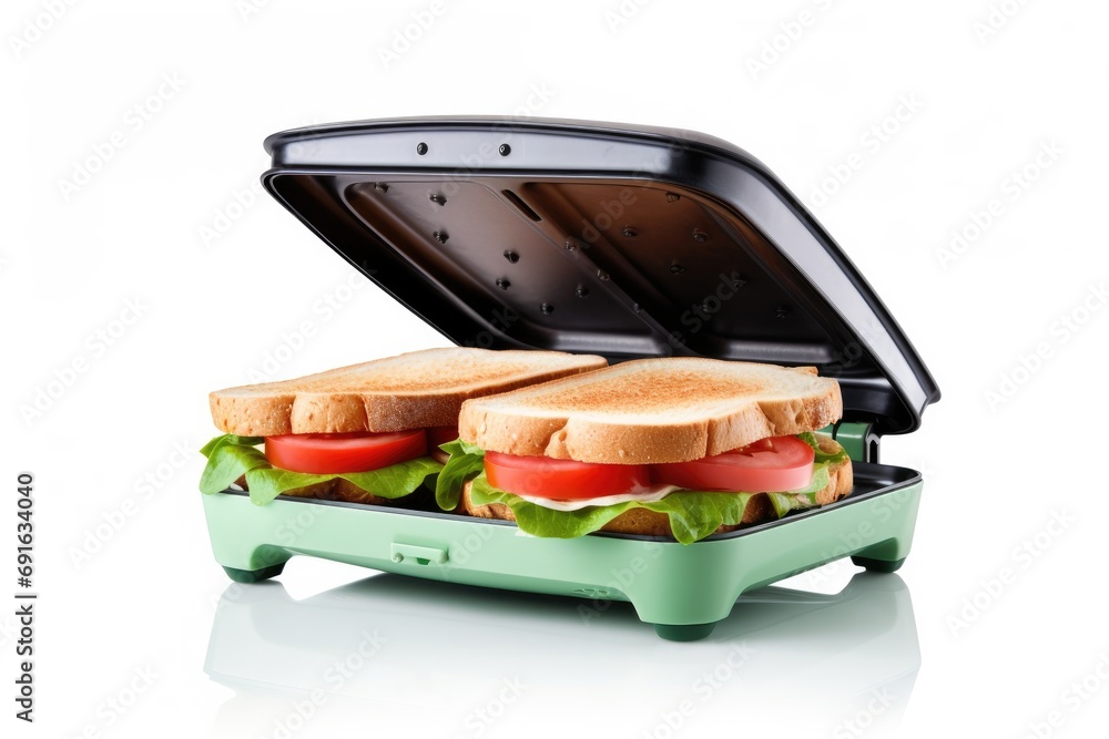Sandwich maker oven with delicious sandwiches. Isolated on white ...