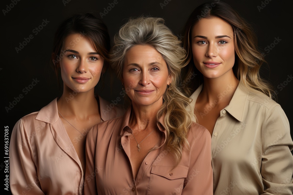 Three generations in family. White Caucasian women looking at camera on ...