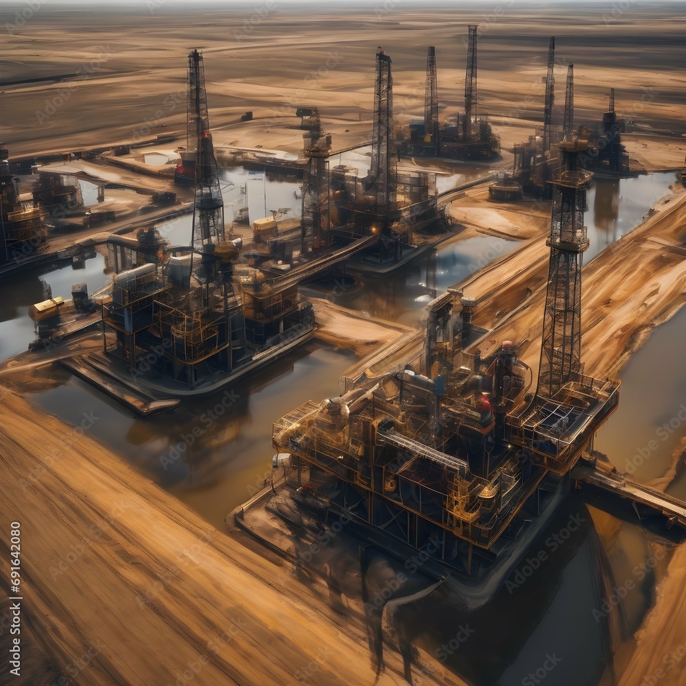 Wide-angle shot of multiple oil pumps in operation, capturing the ...