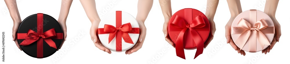 Hand holding Circle round shape Gift present box with bow ribbon on ...