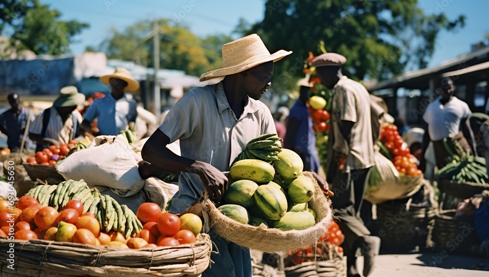 An adult Black man in a straw hat selling fruits and vegetables at an ...
