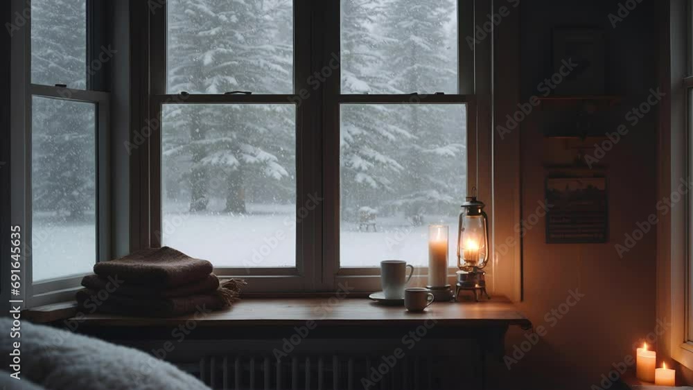 Cozy room with candle and warm lighting lamp on the desk. Snowflakes ...