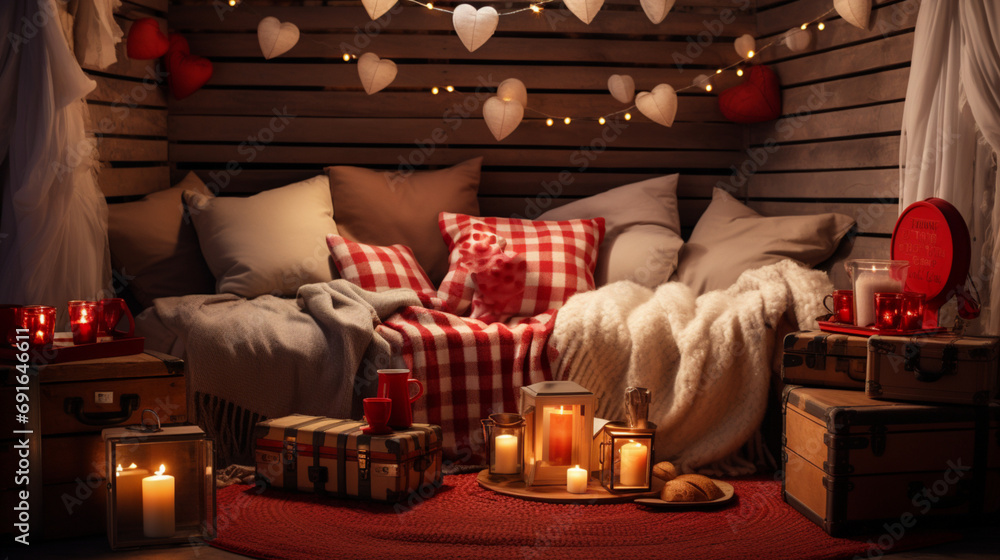 Design a cozy movie night setup for Valentine's Day with blankets ...