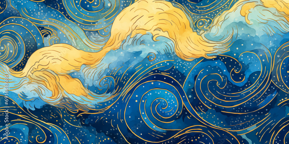 Magical fairytale ocean waves art painting. Unique blue and gold wavy ...