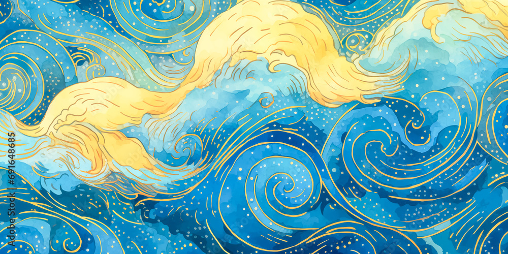 Magical fairytale ocean waves art painting. Unique blue and gold wavy ...