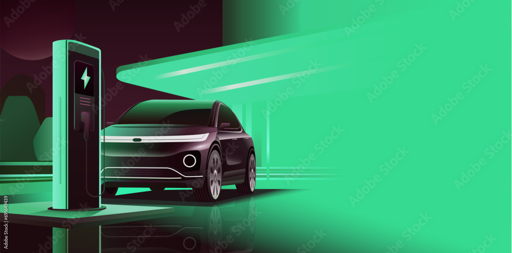 EV charge station for electric car in concept of green, renewable ...