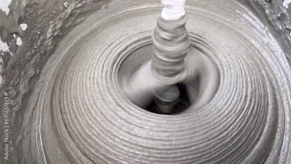 Mixing cement mortar with a mixer in a bucket close-up, texture of ...