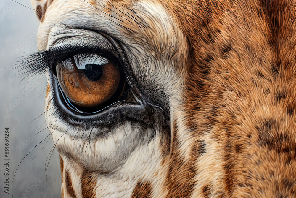 Generative AI image of a close-up view of a giraffe's eye, showcasing ...