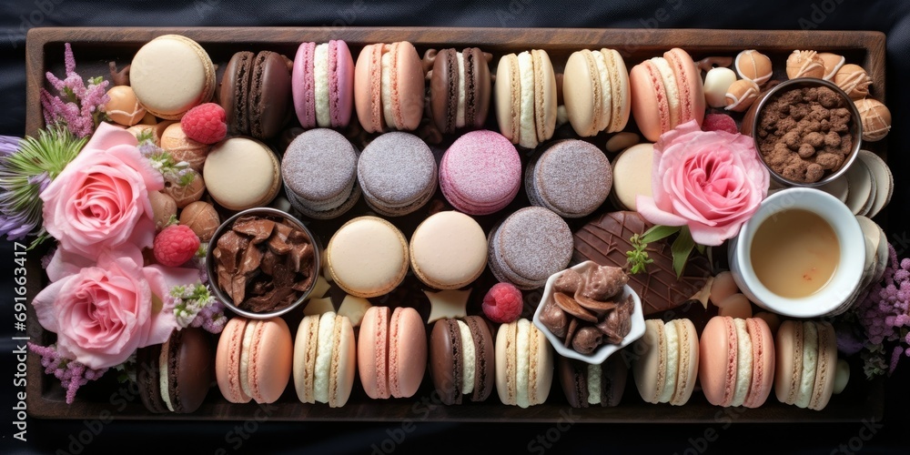 A dessert platter with miniature Ã©clairs, macarons, and chocolate ...