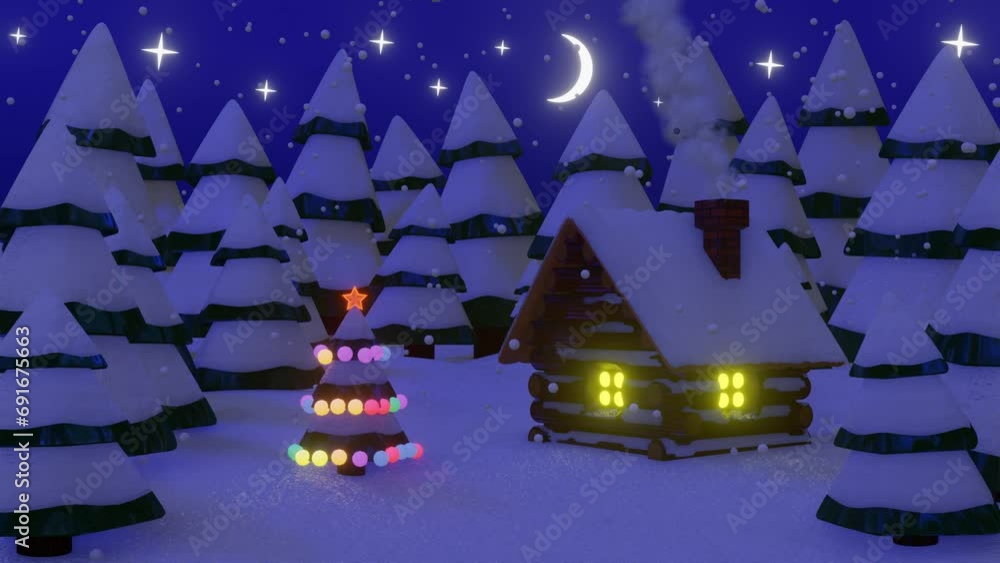 Christmas 3D seamless loop animation. Snowy Log Cabin in the Night ...