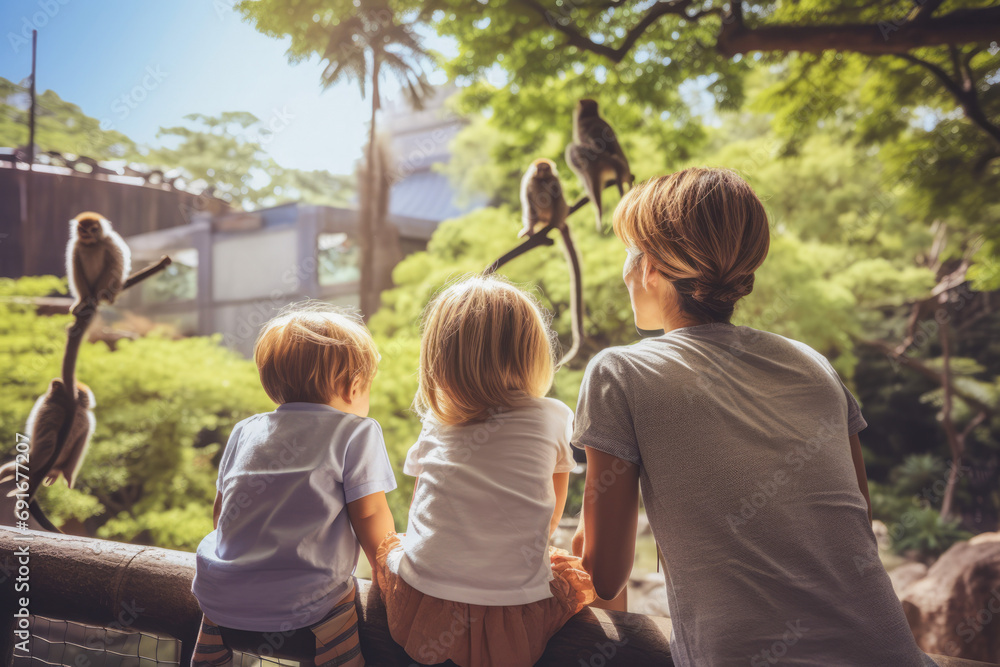 Family watching animals in the other side of the cage in the zoo ...