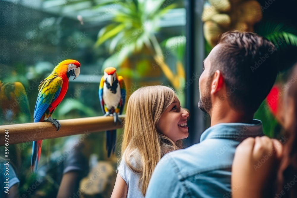 Family watching parrots, birds in the other side of the cage in the zoo ...