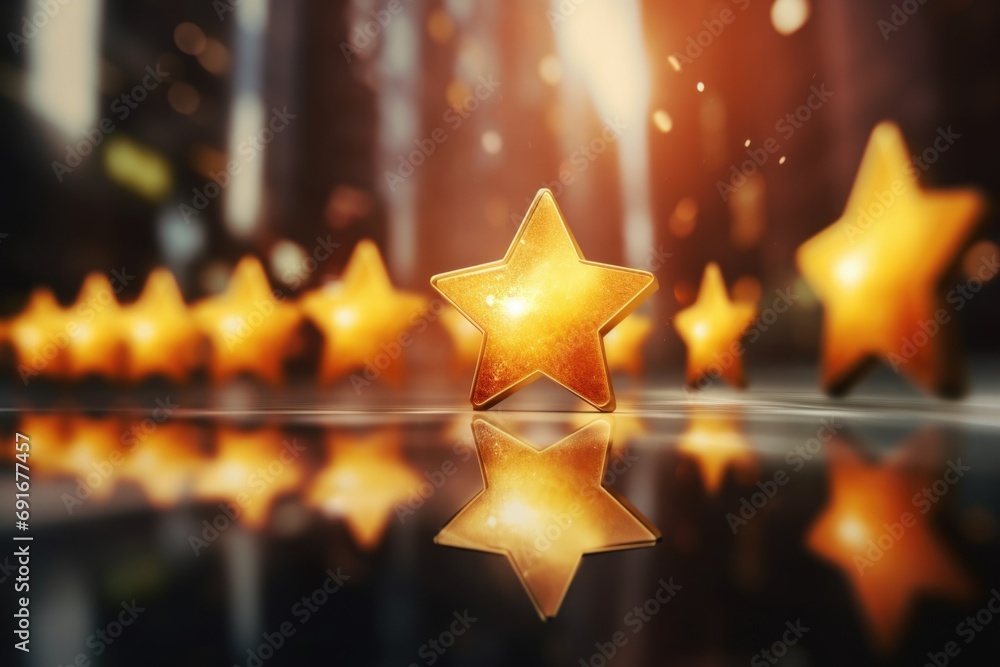 Five golden stars shining brightly on a reflective surface. Perfect for ...