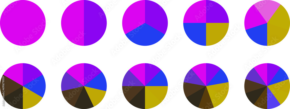 Circle pie chart icons set. Colorful diagram with 10 sections. Vector ...