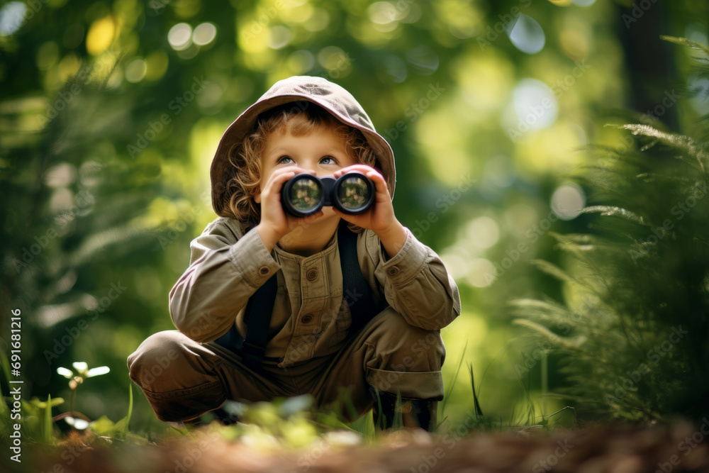 Cute little child looking through binoculars on sunny summer day. Young ...