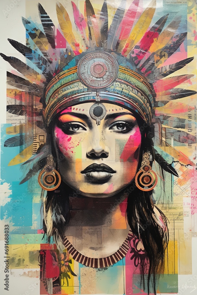 Generative AI, painted aztec woman on journal collage, traditional ...