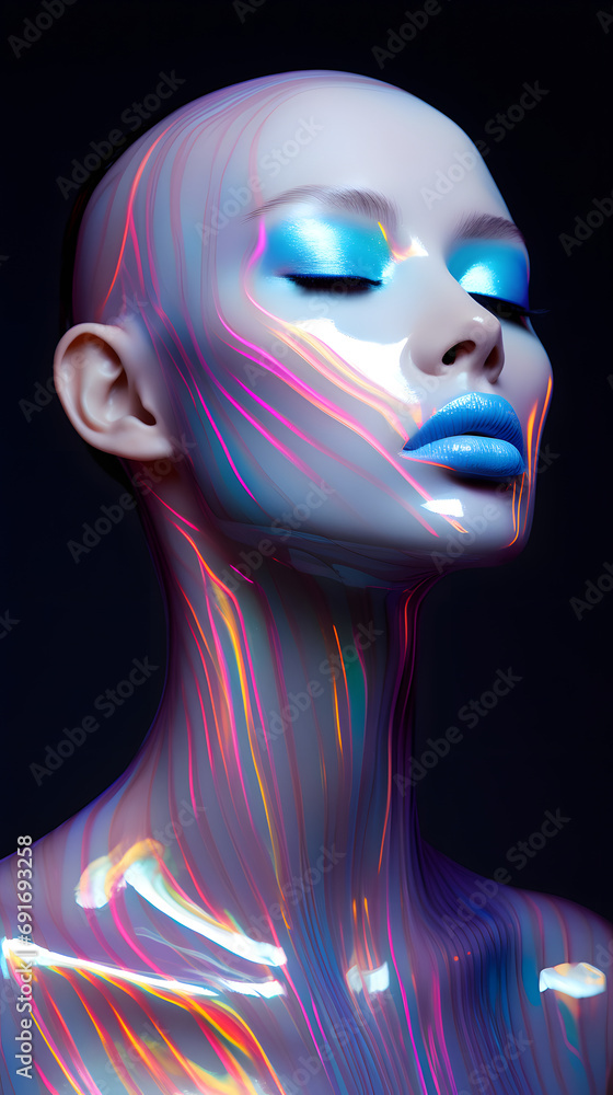 Portraits with futuristic holographic makeup, technology background ...